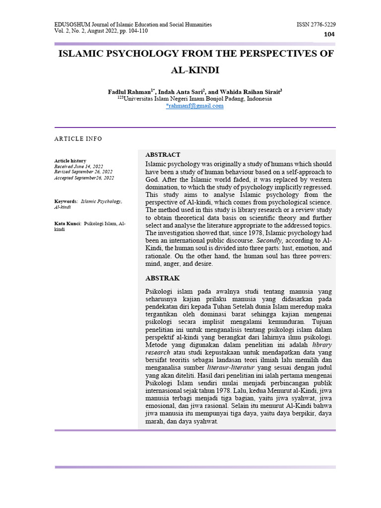 Islamic Psychology From The Perspectives of Al-Kindi | PDF | Soul ...
