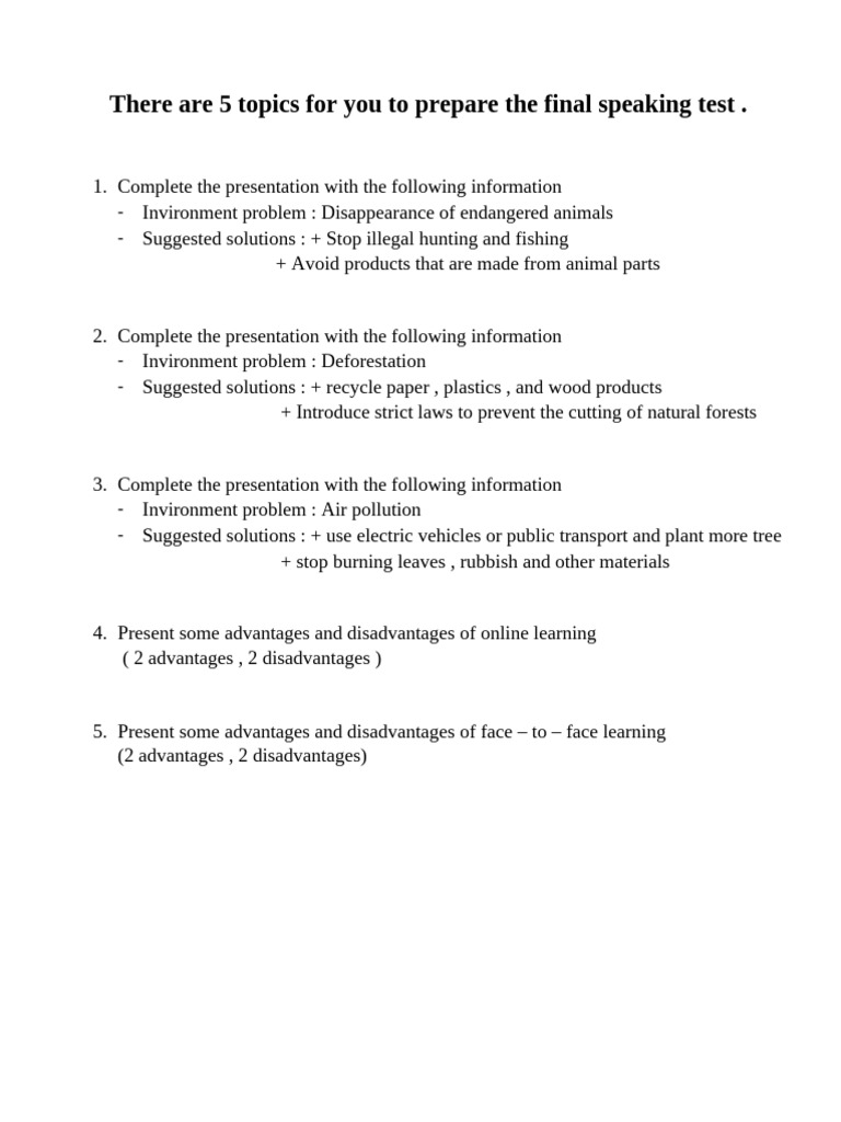 There Are 5 Topics for You to Prepare the Final Speaking Test | PDF