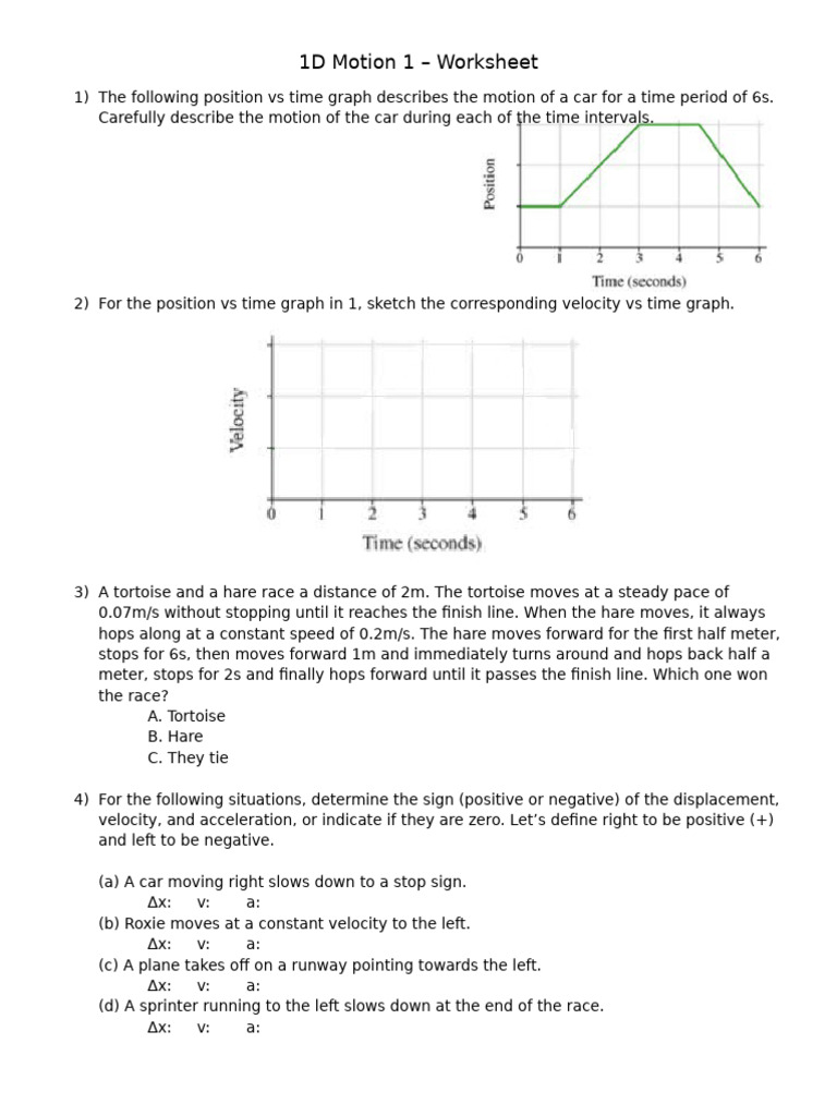 1D Motion Worksheet and Analysis | PDF