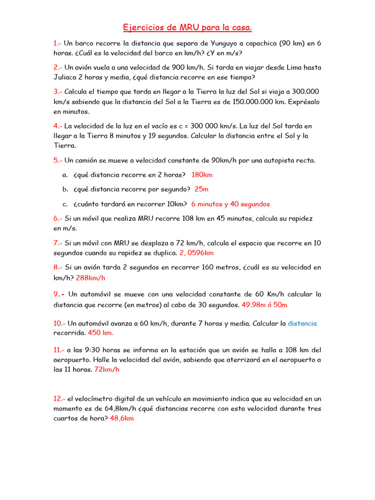 Ejercicios de MRU para La Casa | PDF