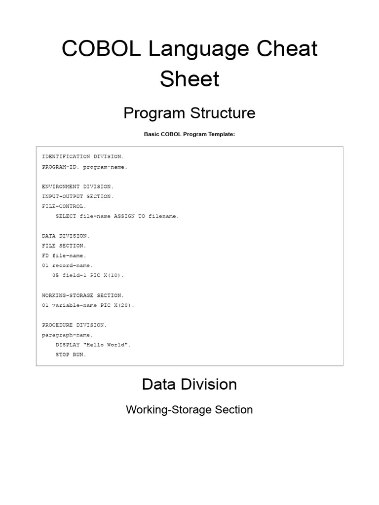 COBOL Language Cheat Sheet | PDF | Filename | Control Flow