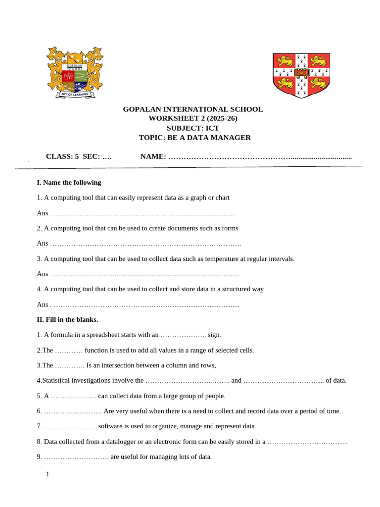 Grade - 5 - Be A Data Manager - Worksheet | PDF | Table (Database ...