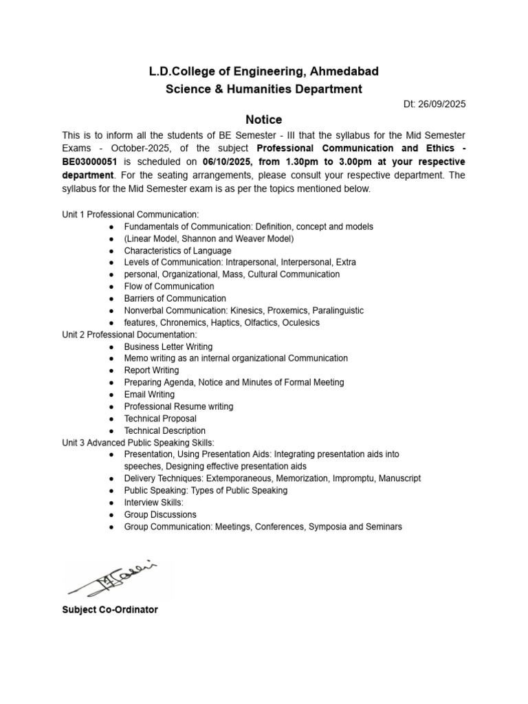 Notice-Mid Semester Exam Syllabus | PDF | Communication | Learning