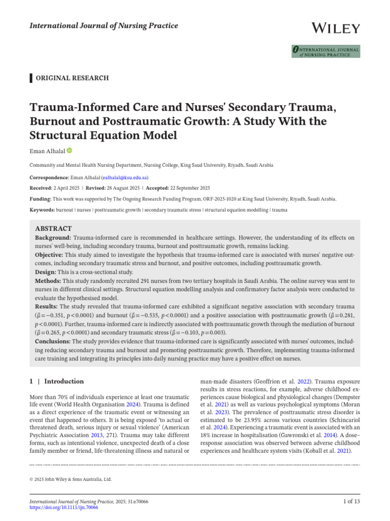 Trauma-Informed Care and Nurses Secondary Trauma | PDF | Psychological ...