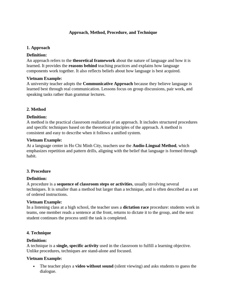 Approach Vs Method Vs Procedure Vs Techniques | PDF | Second Language | Cognition