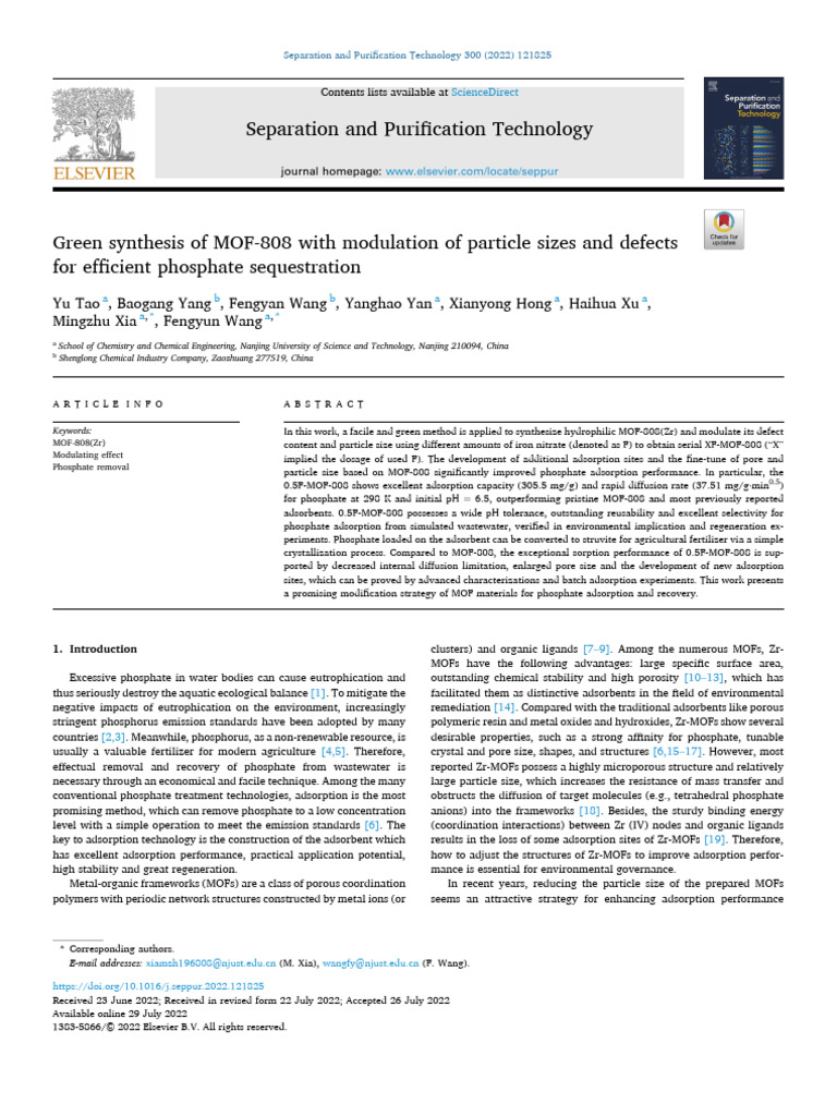 Green Synthesis of MOF-808 With Modulation of Particle Sizes and ...