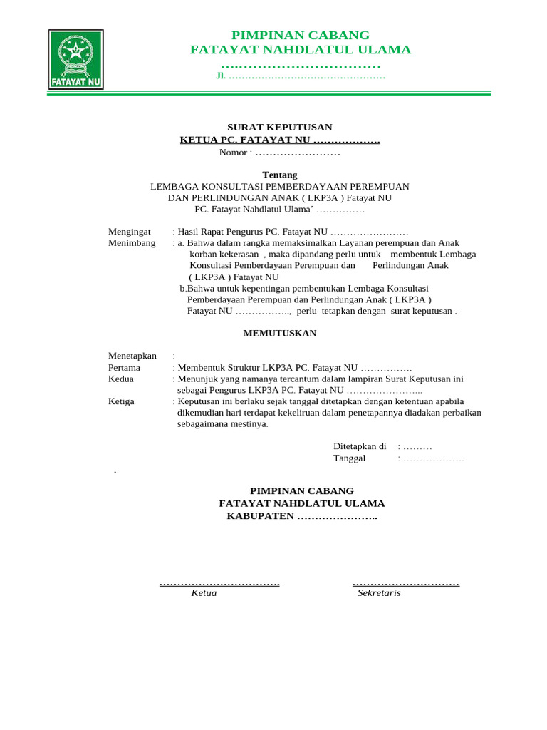 Draf contoh SK LKP3A Fatayat NU | PDF