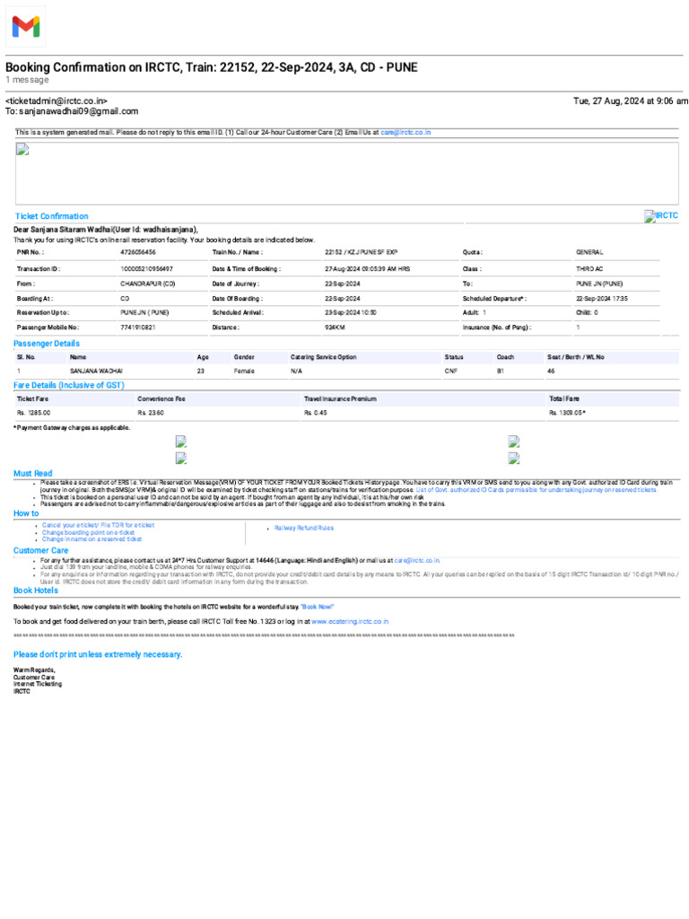 Gmail - Booking Confirmation On IRCTC, Train - 22152, 22-Sep-2024, 3A ...