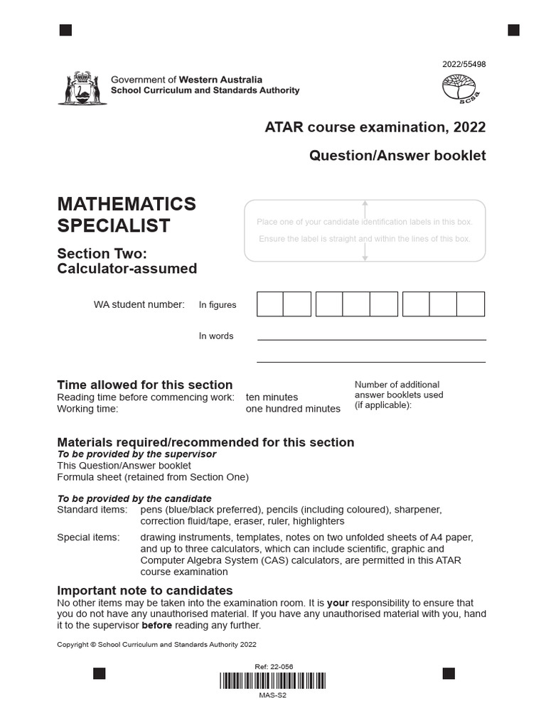 ATAR Mathematics Specialist Exam 2022 | PDF | Velocity | Copyright