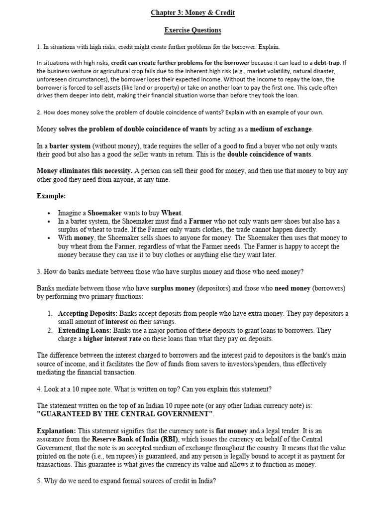 CH - 3 Money and Banking - Exercise Questions | PDF | Interest | Loans
