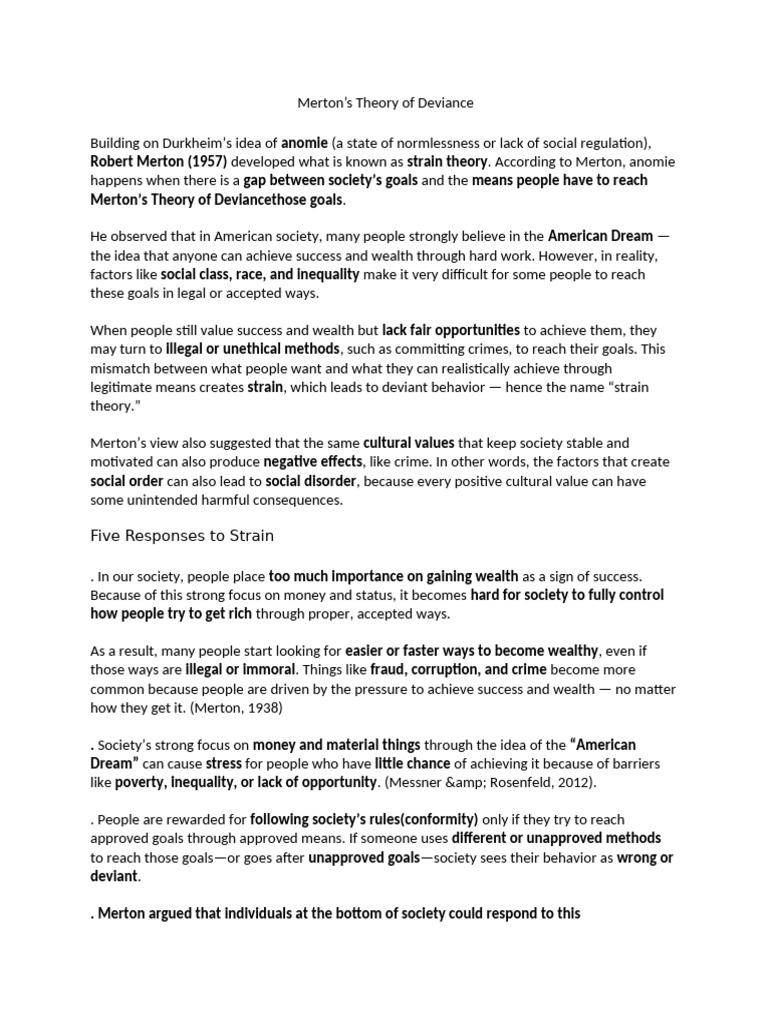 Merton's Theory of Deviance | PDF | Crimes | Crime & Violence