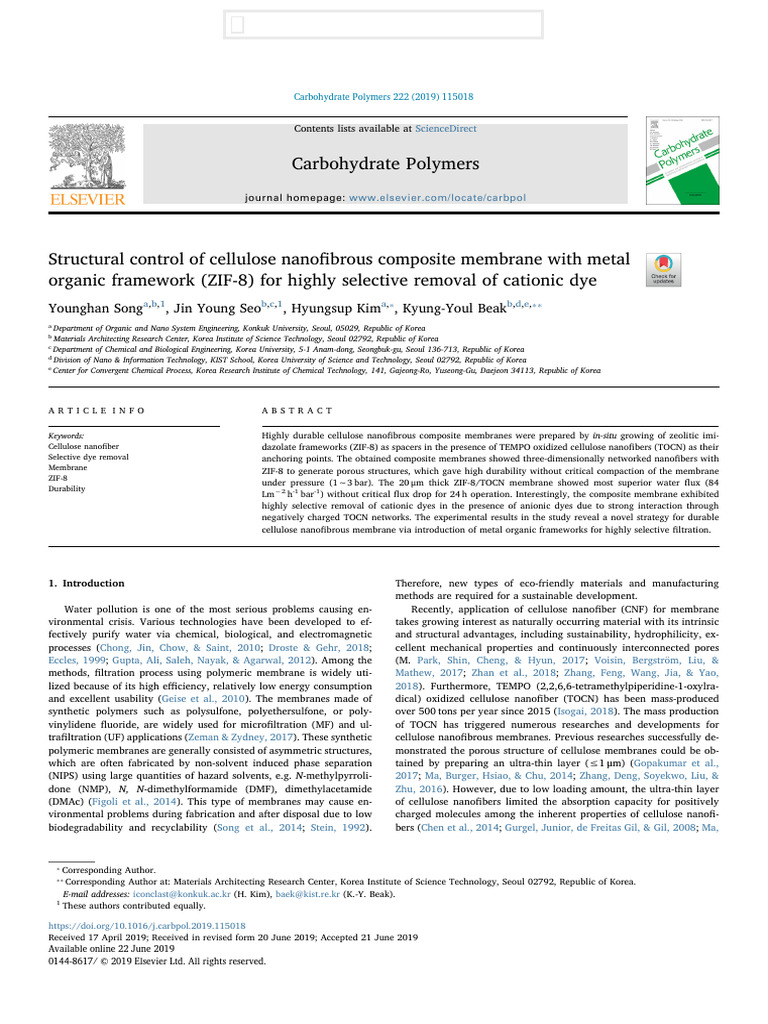 Cellulose-ZIF-8 Membrane for Dye Removal | PDF | Scanning Electron ...
