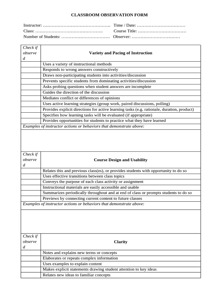 Classroom Observation Evaluation Form | PDF | Learning | Communication