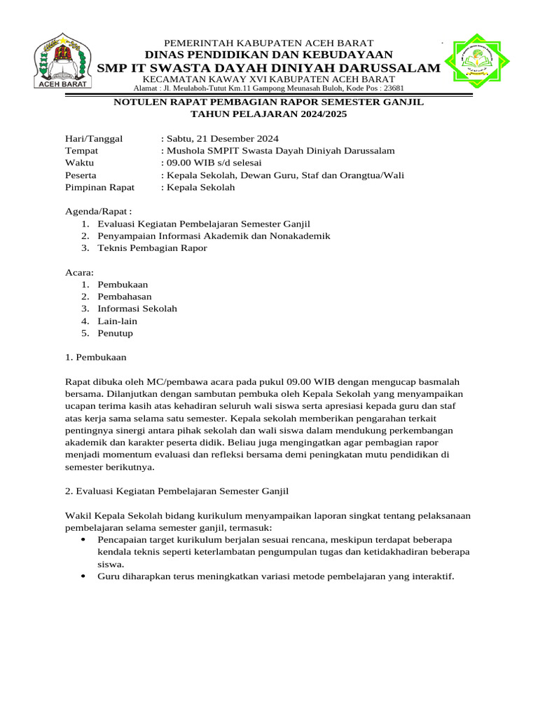 Notulensi Rapat Pembagian Rapor Semester Ganjil TA 2024-2025 | PDF