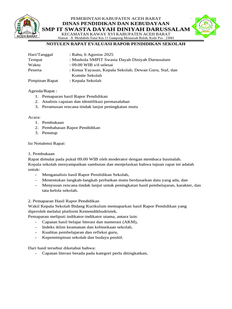 Notulensi Rapat Evaluasi Rapor Pendidikan Sekolah | PDF