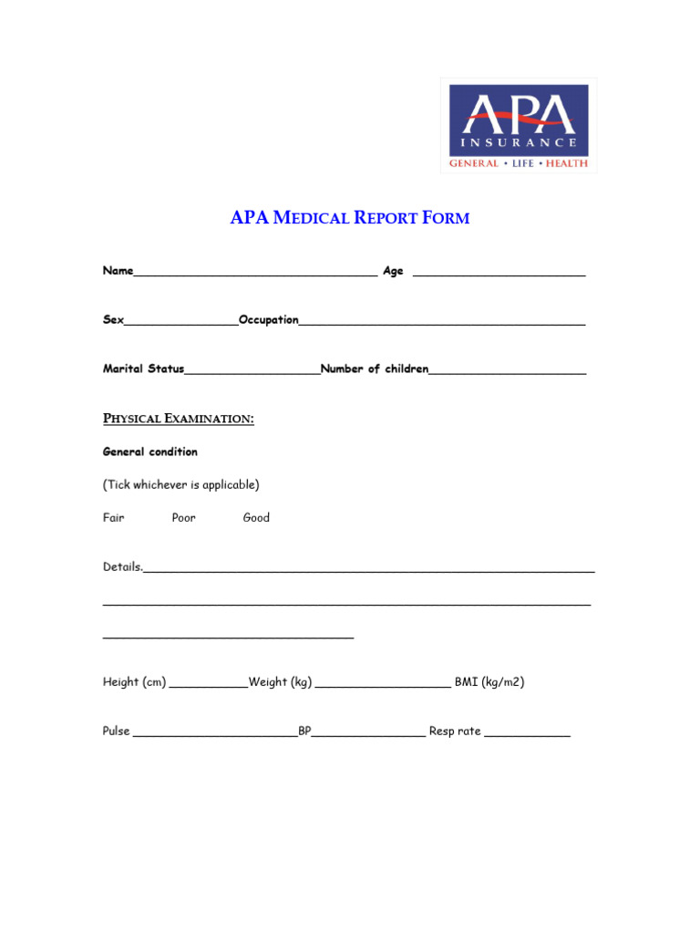 APA Medical Examination Form | PDF | Physical Examination | Medical ...