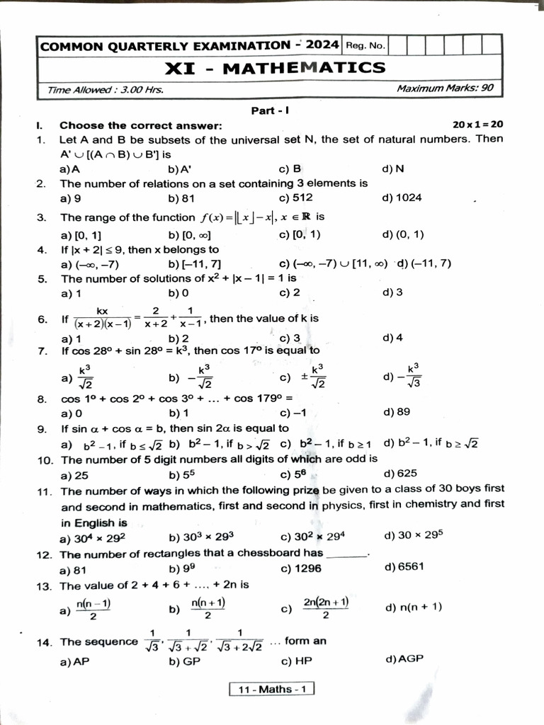 11th Maths Quarterly Exam Paper 2024 | PDF | Elementary Mathematics ...