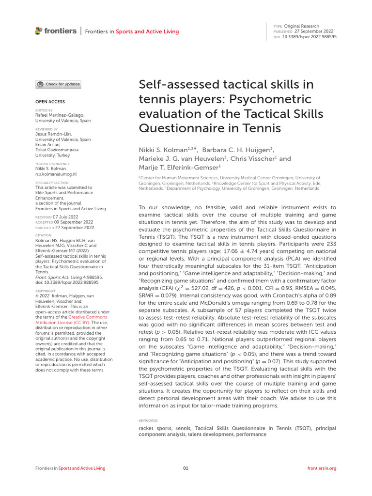 Tactical Skills in Tennis Players Evaluated | PDF | Principal Component ...