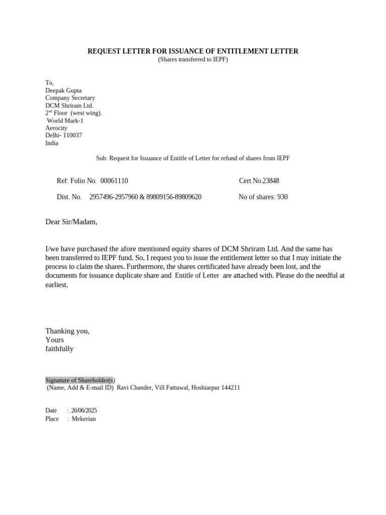 Letter of Duplicate Share Certificate | PDF