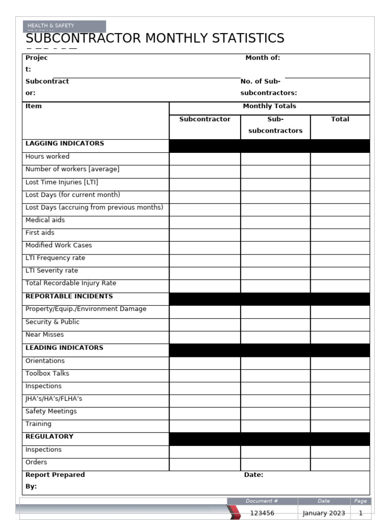Subcontractor Monthly Statistics Report | PDF