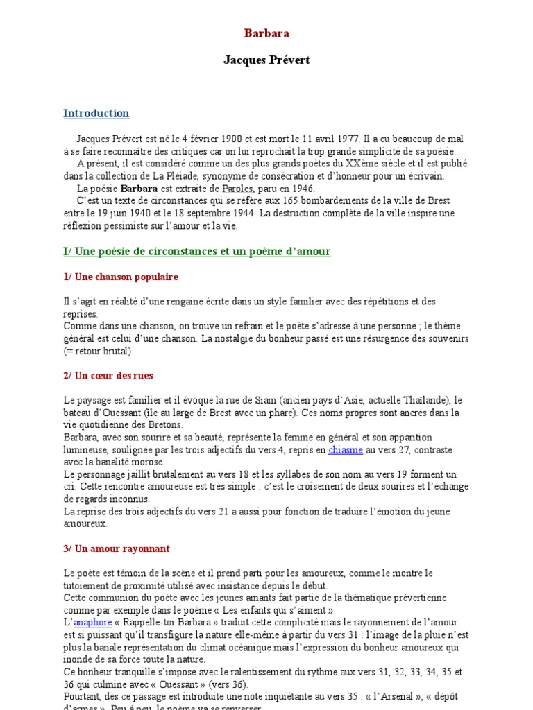 Jacques Prévert Barbara | PDF | Poésie | Métaphore
