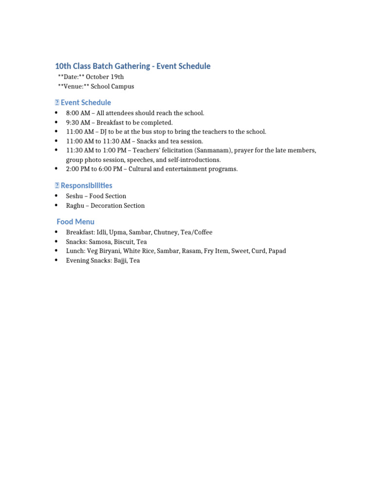 10th Class Gathering Event Schedule | PDF