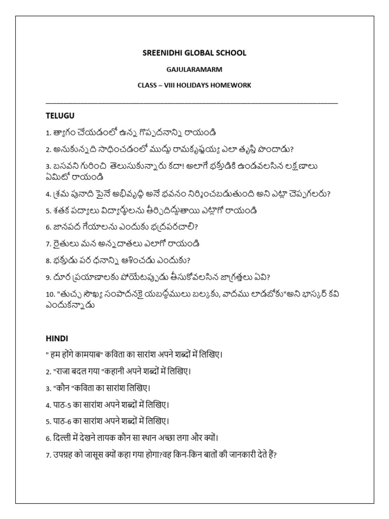 Holidays Work VIII CLASS | PDF