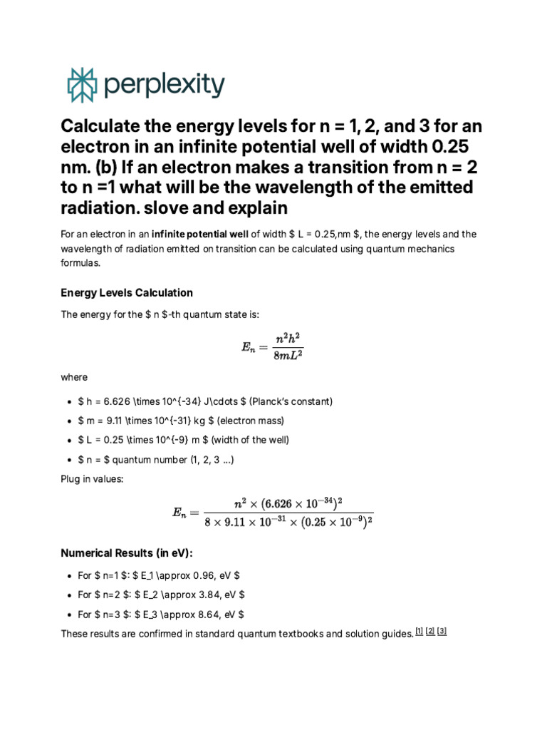 Calculate The Energy Levels For N 1, 2, and 3 Fo | PDF | Energy Level | Electronvolt