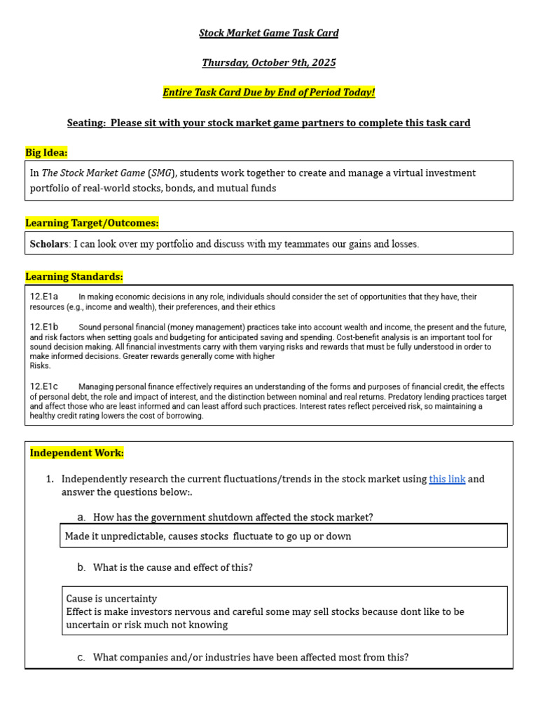 Oliver Benn - Stock Market Game Trading Day Task Card | PDF | Stock ...