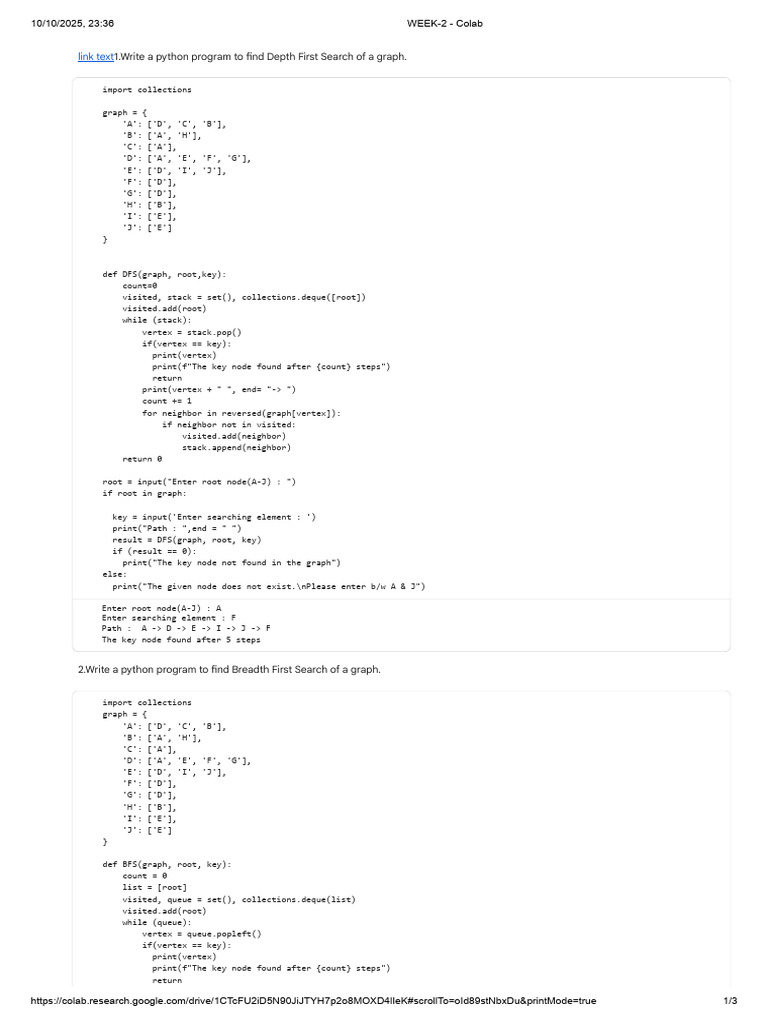 Python Program To Find Depth First Search of A Graph Colab | PDF ...