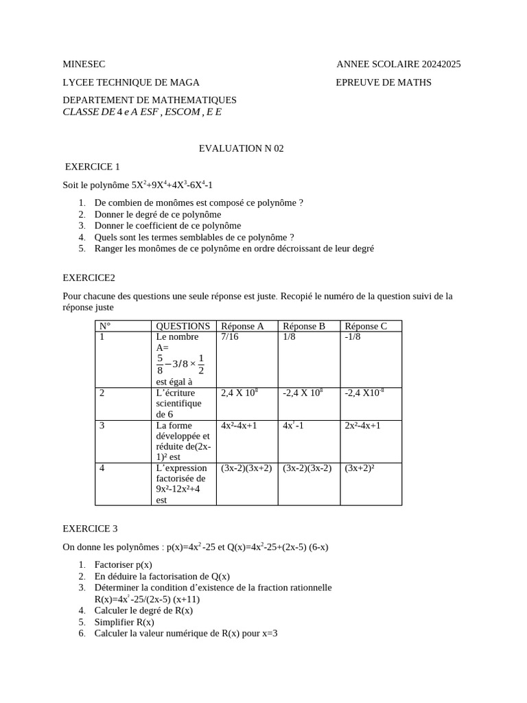 Évaluation de Maths 4e A ESF 2024-2025 | PDF