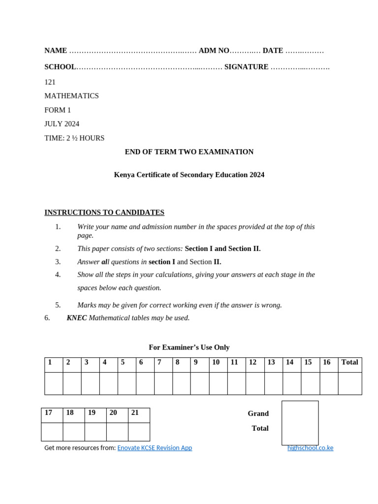 Form 1 Mathematics Exam Paper 2024 | PDF