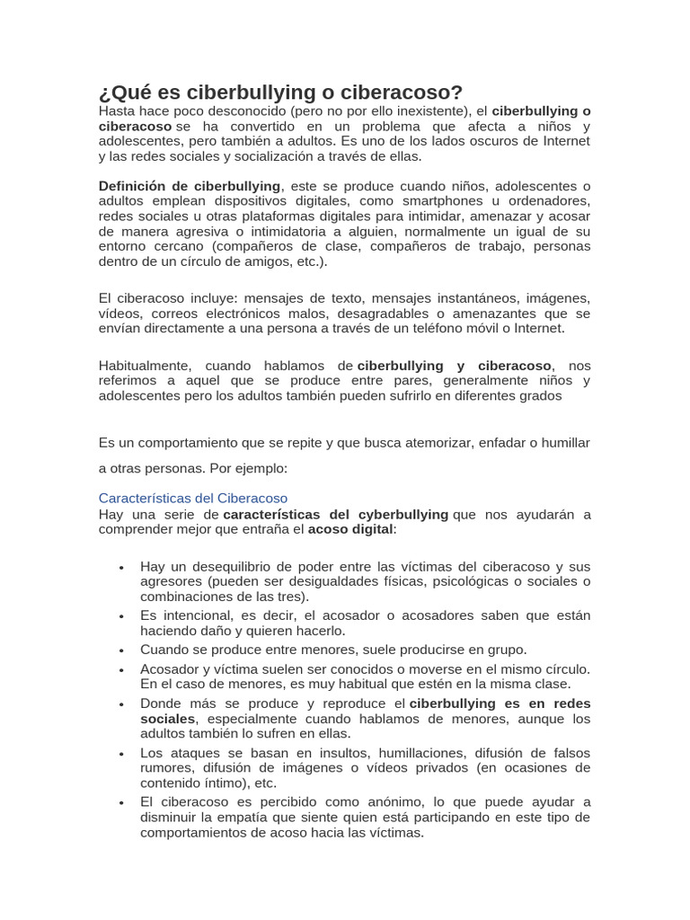 Ciberbullying: Definición y Características | PDF | Acoso cibernético ...