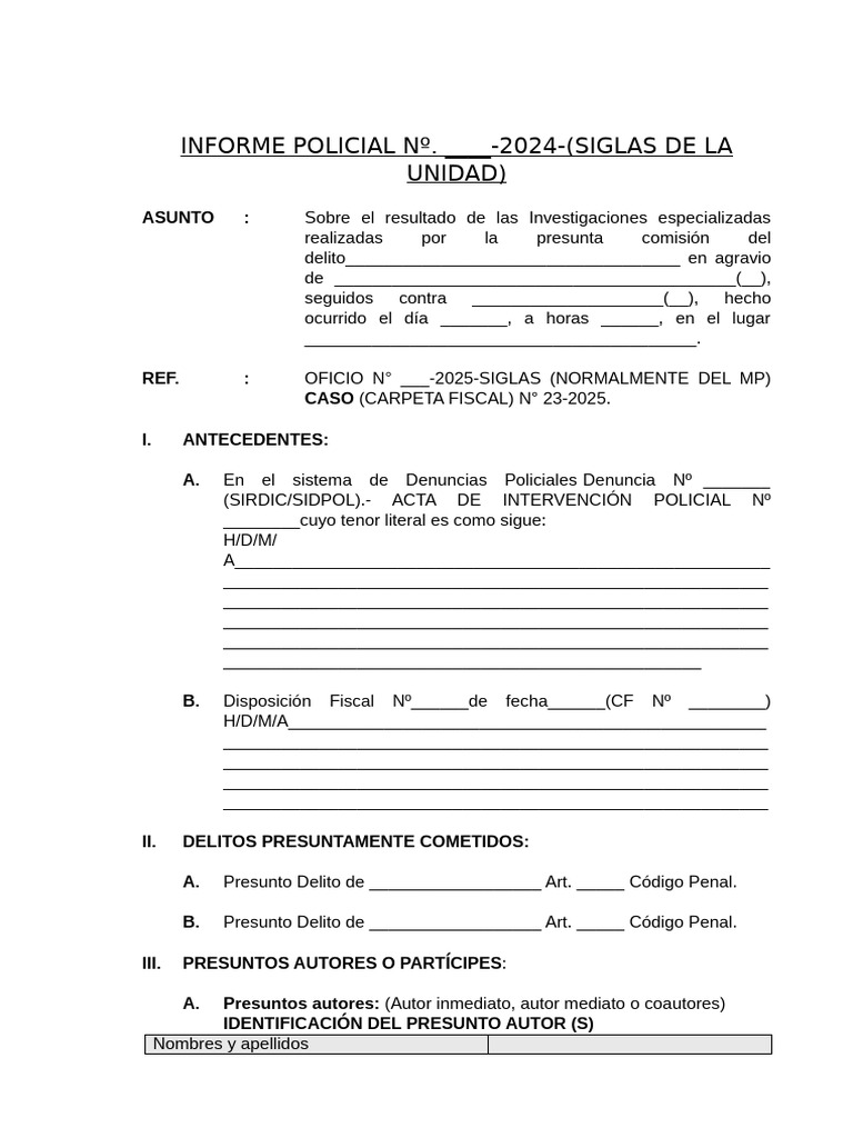 Modelo Informe Policial Últimas Modificaciones Cod. Proc. Pen. | PDF ...