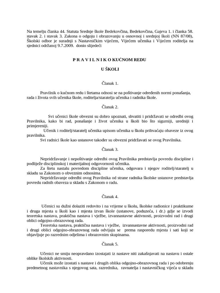 Pravilnik Kucni Red Skola | PDF