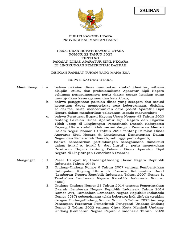 PERBUP KKU Nomor 22 Tahun 2025 Tentang Pakaian Dinas Aparatur Sipil Negara Di Lingkungan ...