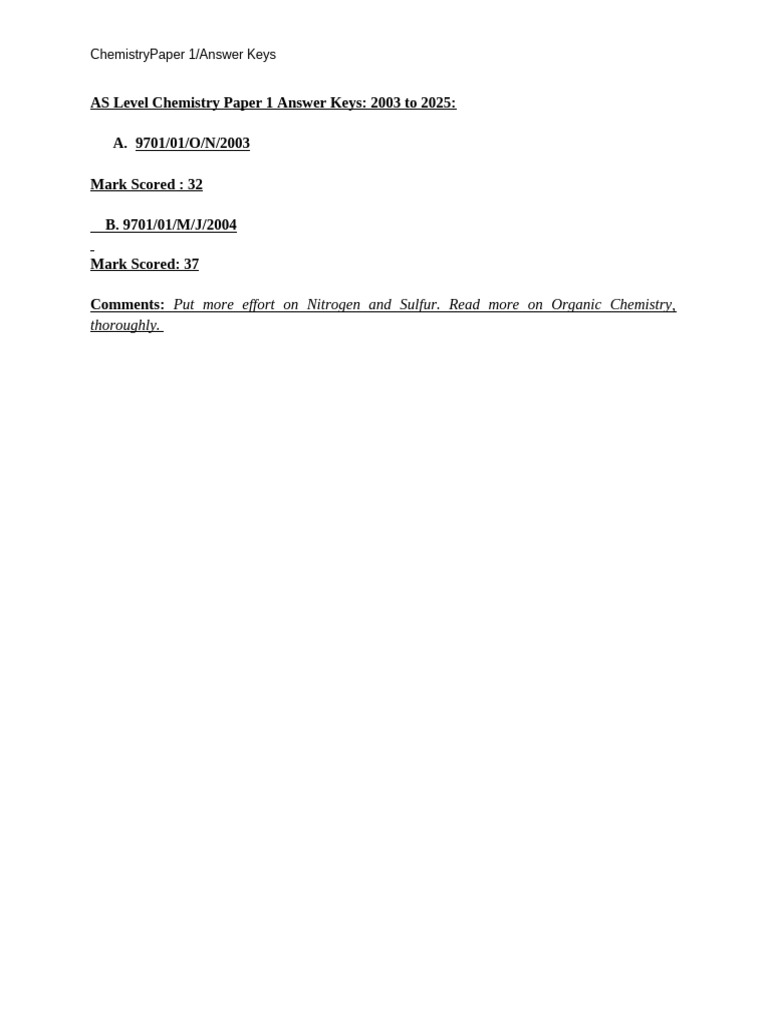 As Level Chemistry Paper 1 Answer Keys - 2003 To 2025 | PDF