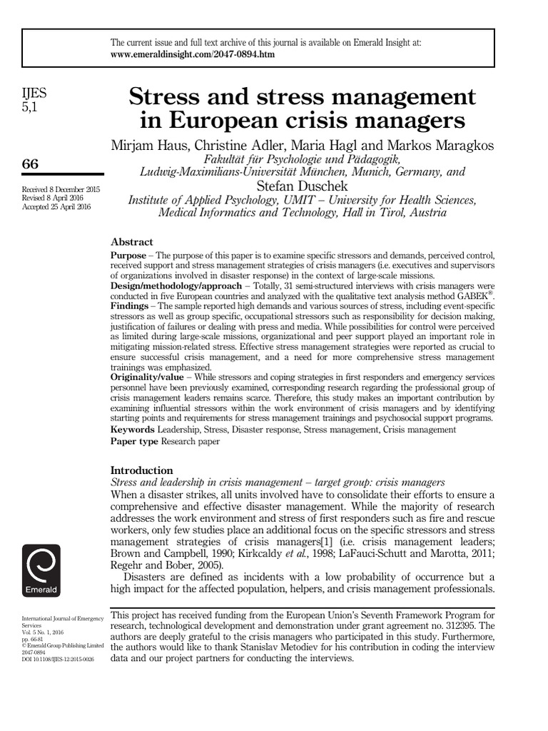 Stress and Stress Management in European Crisis Managers | PDF | Stress ...