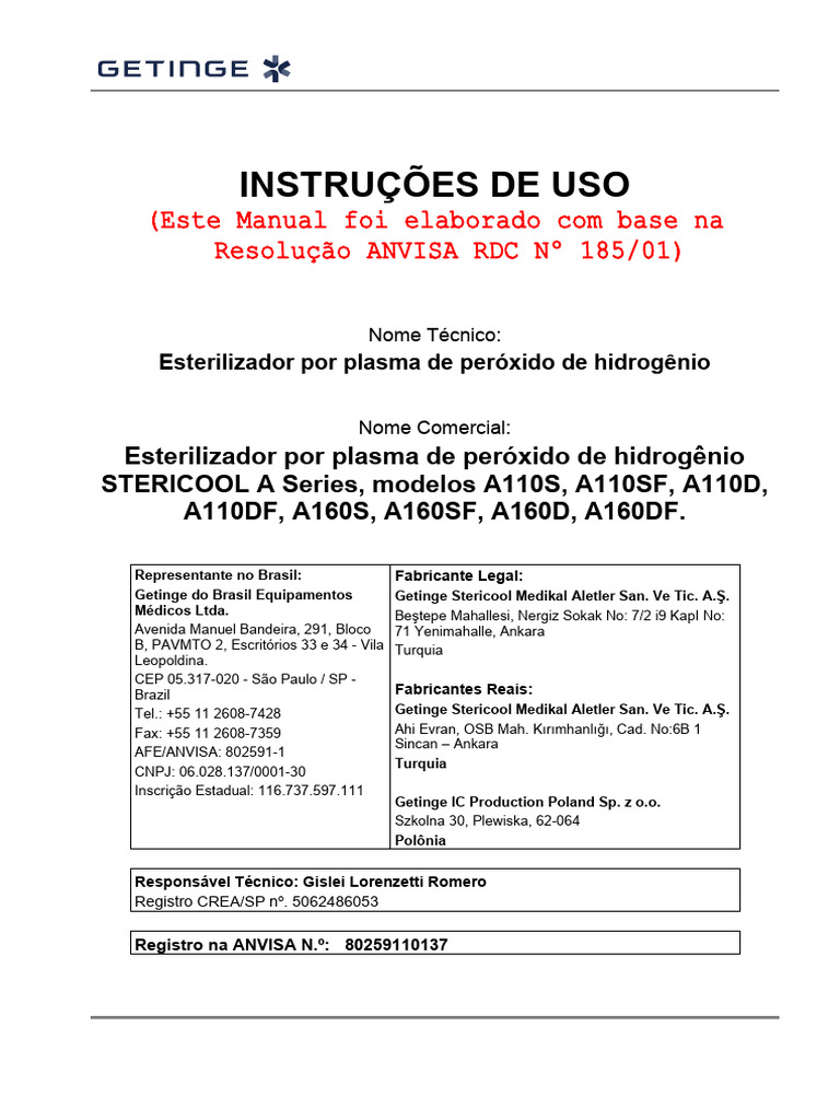 Manual do Esterilizador Stericool A Series | PDF | Peróxido de ...