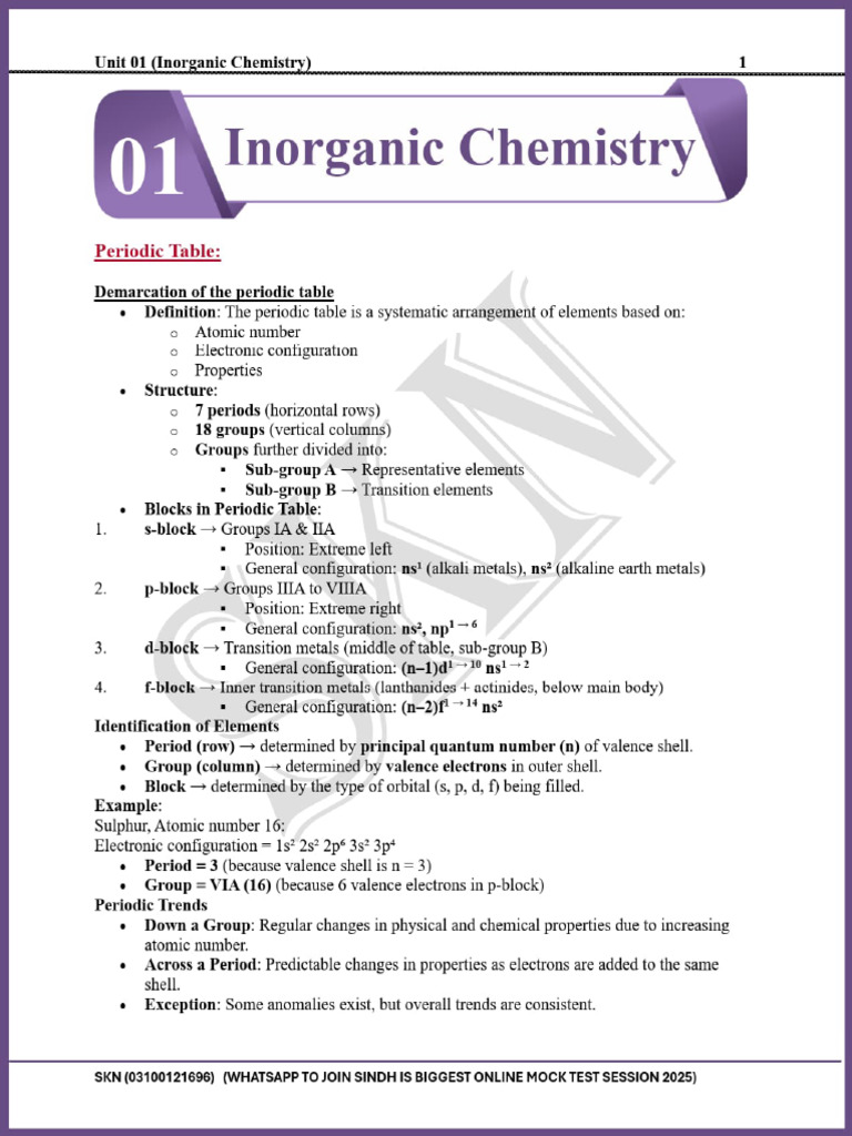 SKN Inorganic Chem Notes-MCQs MDCAT 2025 | PDF