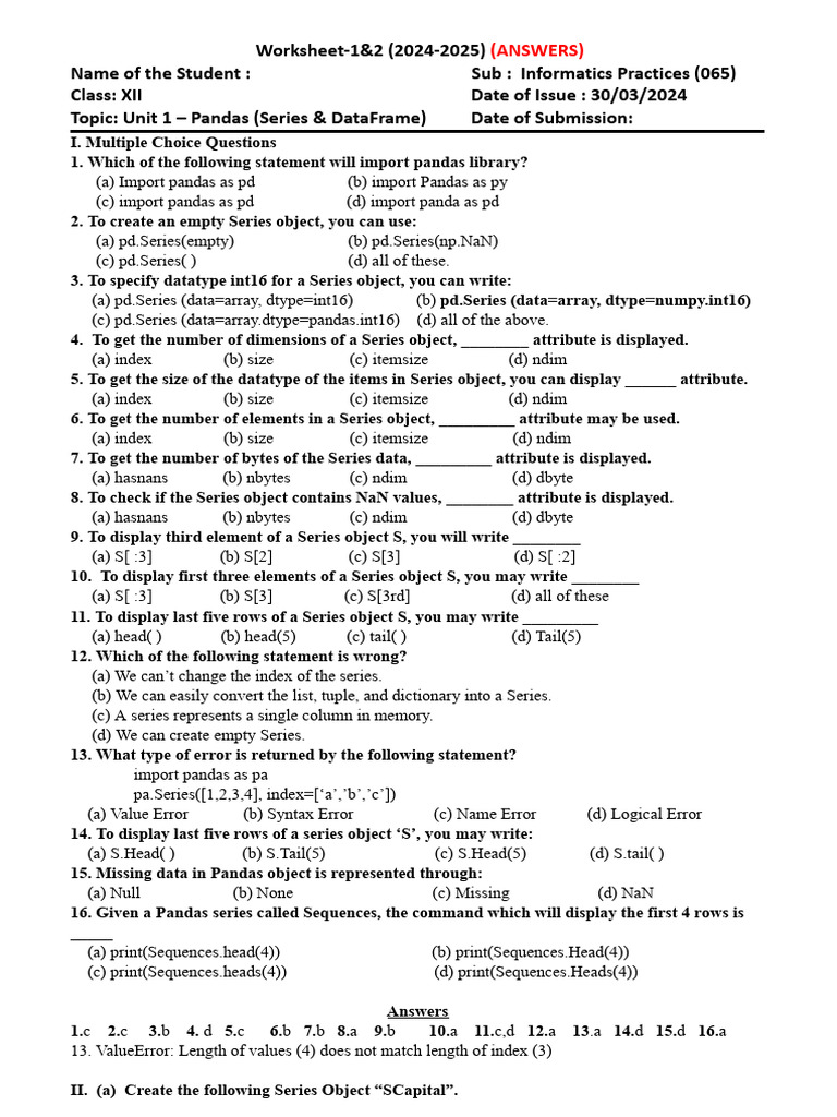 XII-IP-Worksheet - Series & DF (2024.25) Key | PDF | Computer Science ...