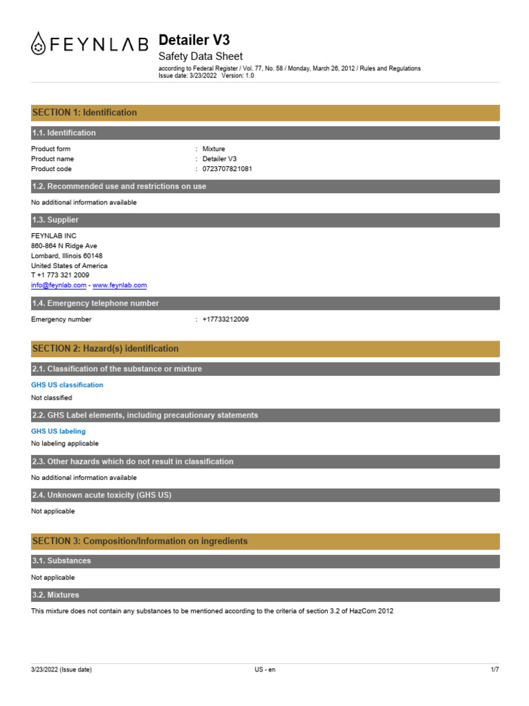 Feynlab Quick Detailer V3 Msds | PDF | Odor | Firefighting