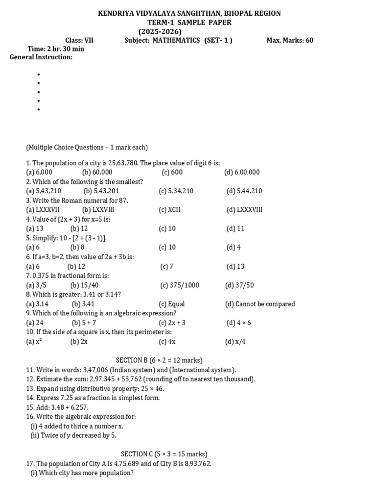Class VII Mathematics Sample Paper 2025-26 | PDF | Mathematics | Arithmetic