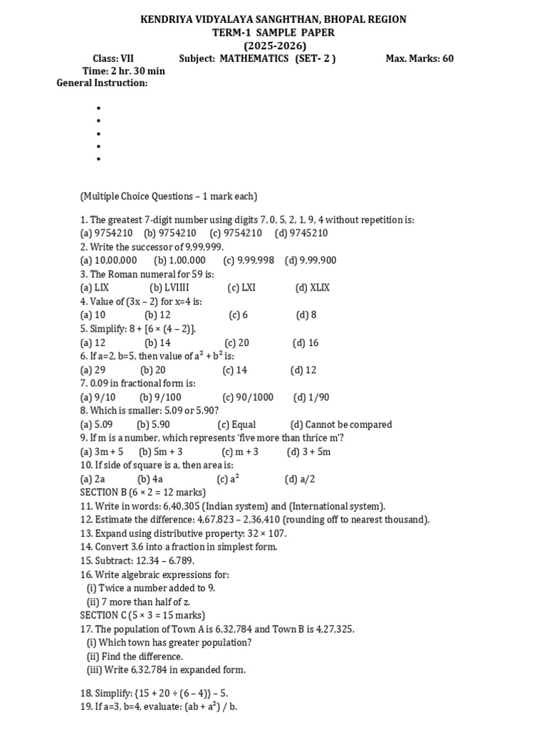 Class VII Mathematics Term1 Question Paper Set2 | PDF | Numbers ...