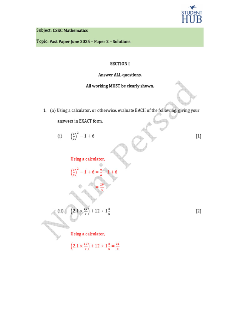 CSEC Maths - Paper 2 - June 2025 - Solutions | PDF | Area | Function (Mathematics)