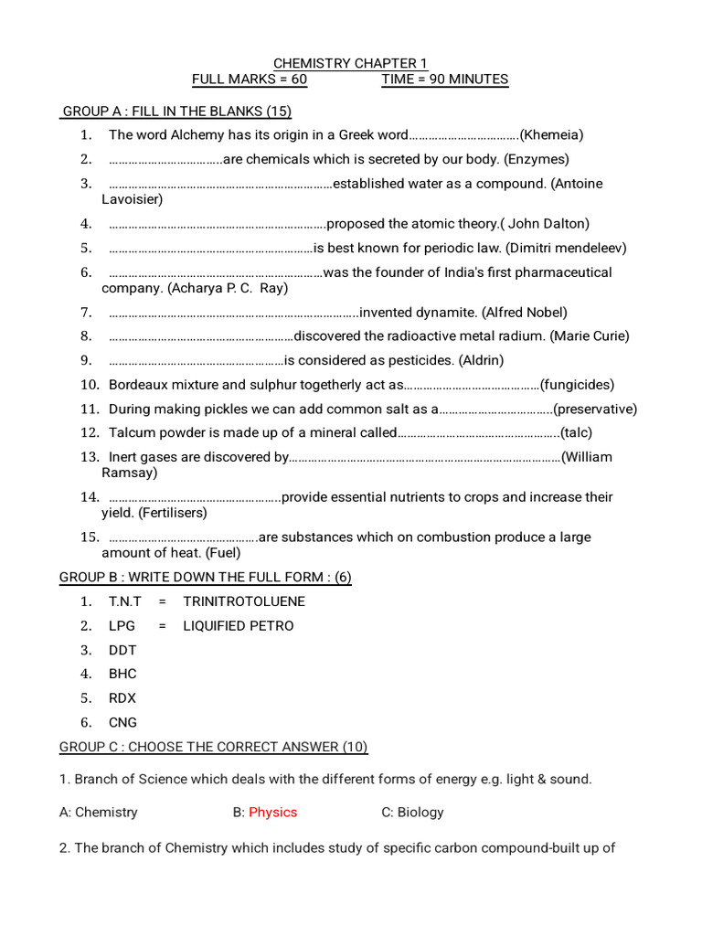 Chemistry Chapter 1 Exam Guide | PDF | Chemistry | Chemical Substances