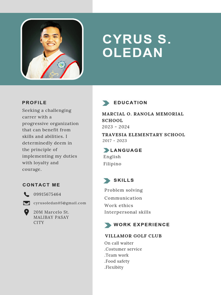 Resume of Cyrus Oledan - Waiter Skills | PDF
