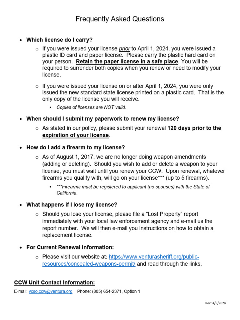 CCW Frequently Asked Questions 4-09-2024 | PDF