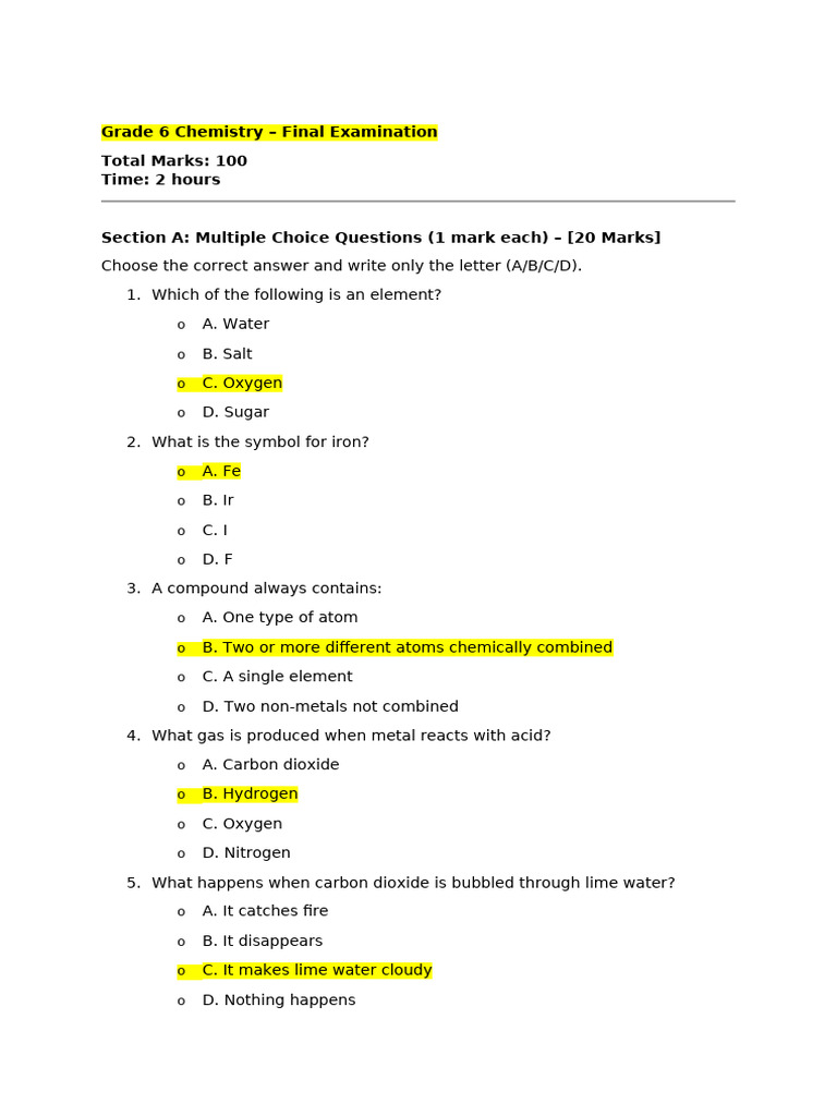 Chemestry Question Paper-100 Marks | PDF | Chemical Compounds | Oxide