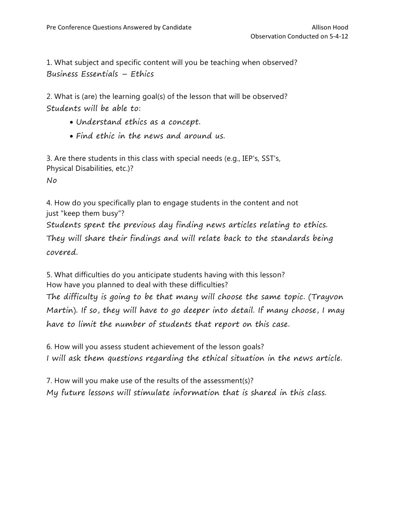 Pre Conference Questions Answered by Candidate Allison Hood Observation ...